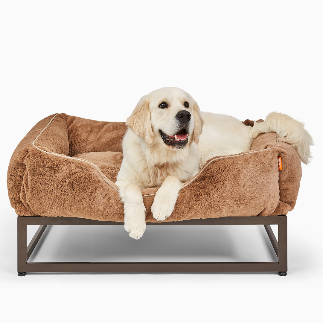 FÜZI Elevated Dog Bed | Light Brown Faux Fur Dog Bed | Luxury Dog Beds